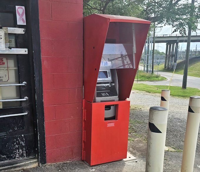 The ATM stands guard, ensuring no one goes hungry for lack of cash in this delightfully old-school establishment.