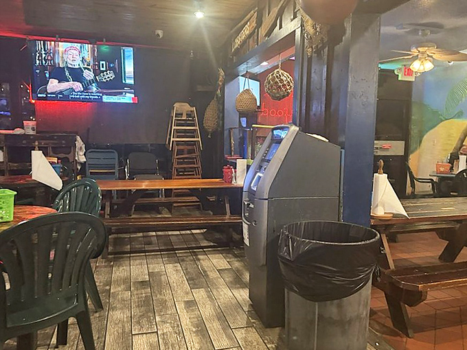 Even the interior corners tell a story &ndash; wooden tables, casual seating, and a TV for when you need to check the score between crab leg clusters.