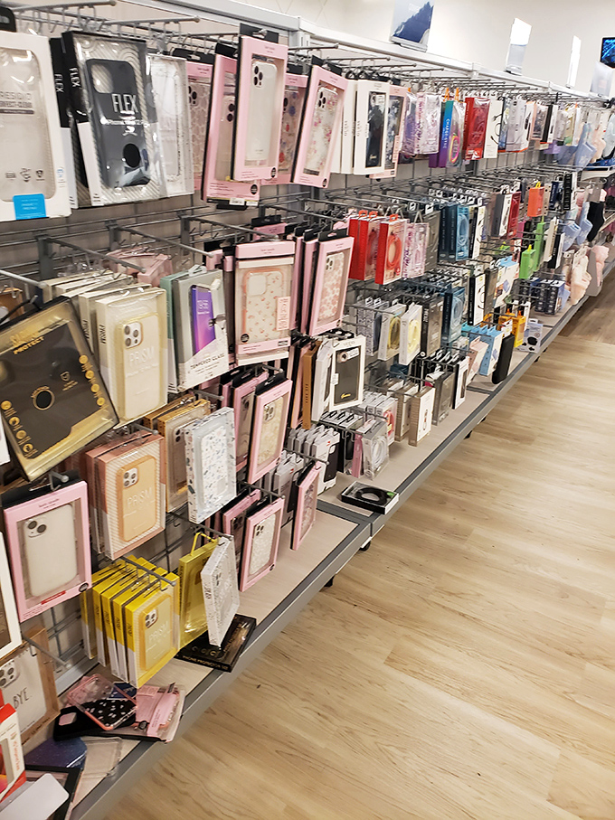 Phone case wonderland where last year's models find new purpose. Like a retirement community for technology accessories that refuse to become obsolete.
