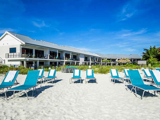 Beach chairs await at Anna Maria Beach Resort &ndash; their turquoise fabric matching the Gulf waters in what can only be described as "retirement color coordination."