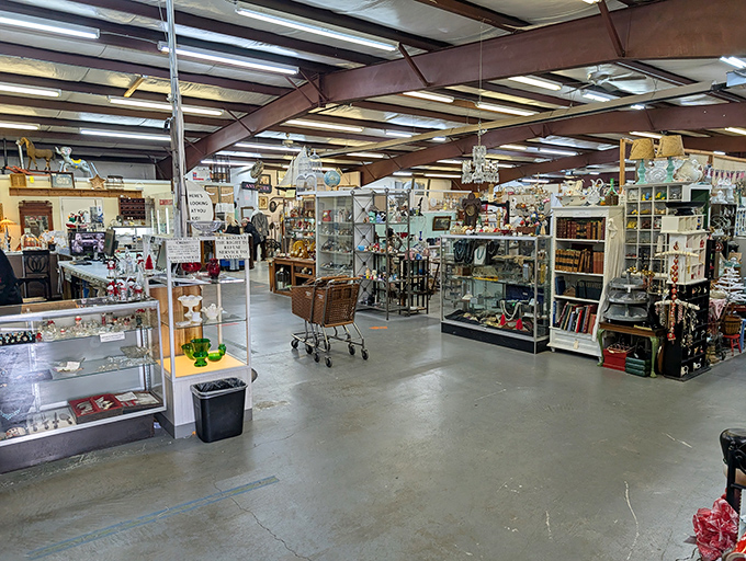 The wide-angle view reveals the true scale of this treasure trove. Glass cases protect smaller valuables while shoppers navigate this museum where everything's for sale.