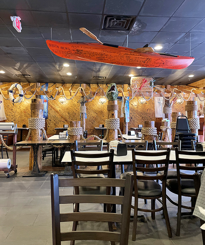 Wooden tables and nautical touches create the perfect backdrop for your Instagram-worthy seafood massacre.