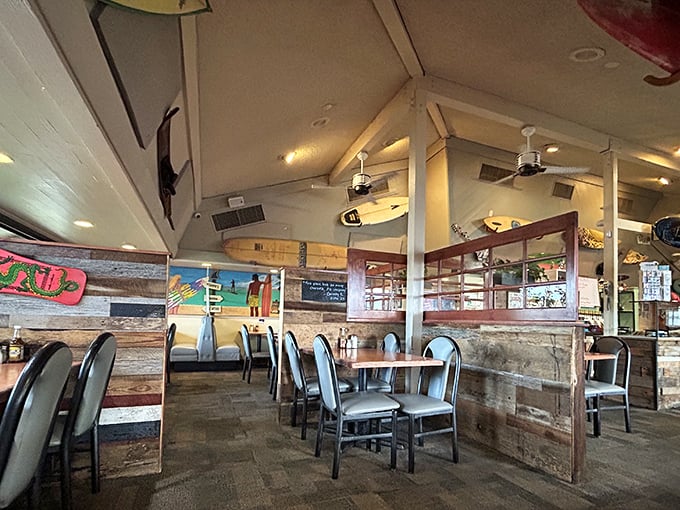 Booth seating that invites lingering conversations and multiple coffee refills while you contemplate ordering that second helping of gravy.