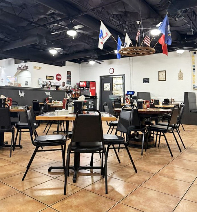 Another angle of the dining room reveals the comfortable simplicity that keeps locals coming back&mdash;no pretension, just good food and good company.