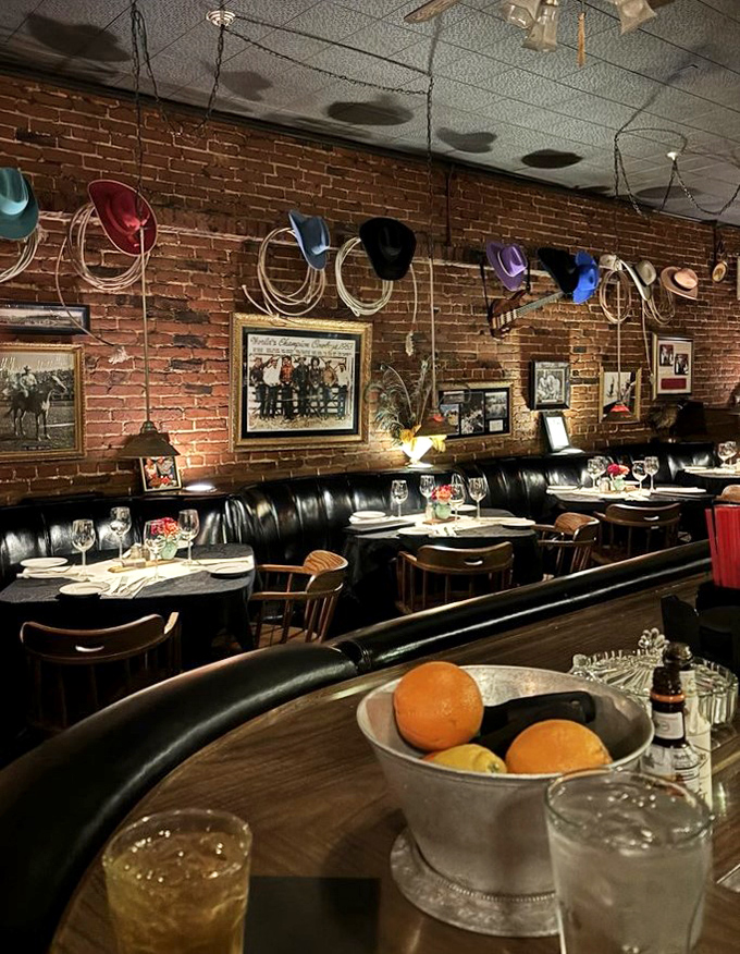 Cowboy hats and lassos adorn exposed brick walls, reminding you that in Eastern Oregon, Western heritage is always on the menu.