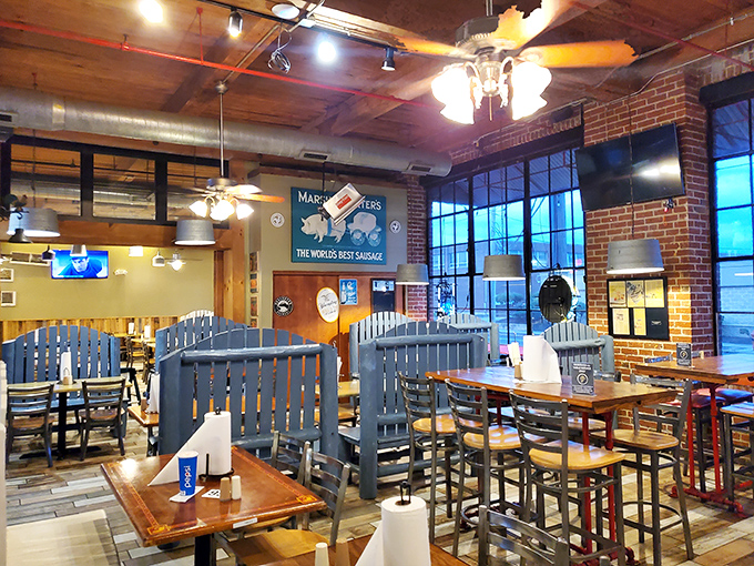 Warm wood, exposed brick, and blue dividers create distinct dining zones. It's like eating in your favorite uncle's renovated barn&mdash;if he could smoke meat like a pro.