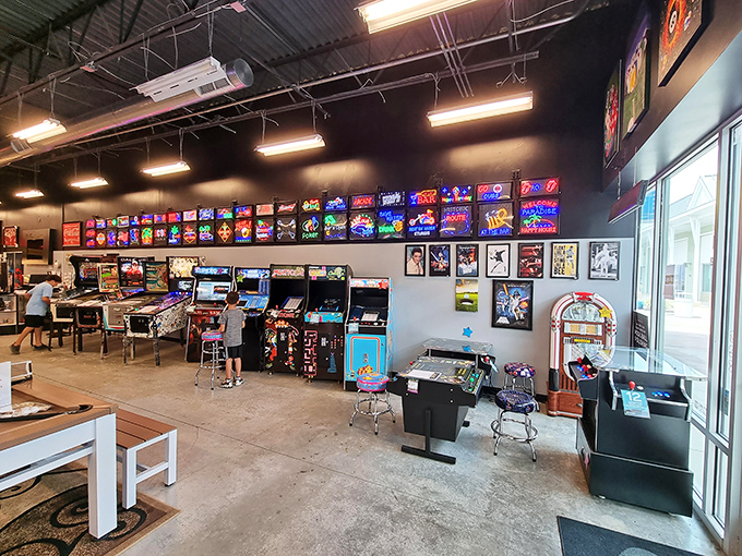 Vintage arcade games and neon signs create a retro paradise where quarters once ruled the entertainment world.