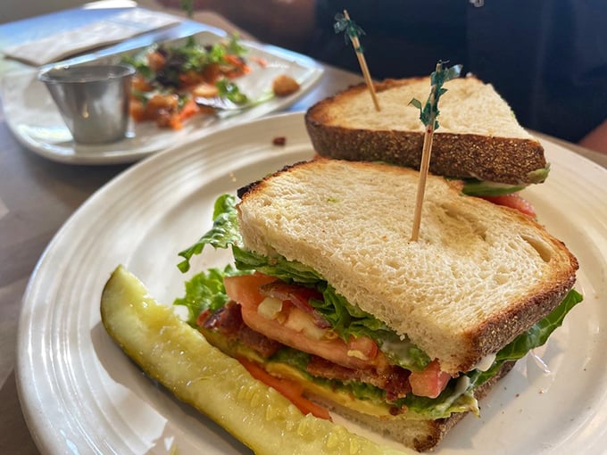 This isn't just a sandwich; it's architectural perfection with layers of crisp lettuce, juicy tomato, and creamy avocado between perfectly toasted bread. 