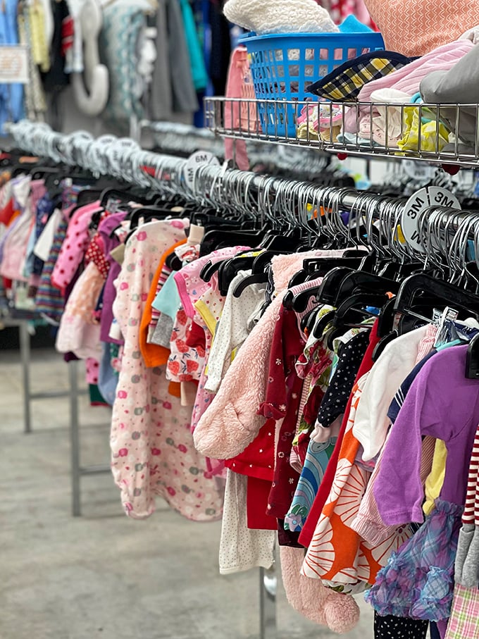 Tiny clothes for tiny humans, all waiting for their next adventure. Pink polka dots never go out of style when you're six months old.