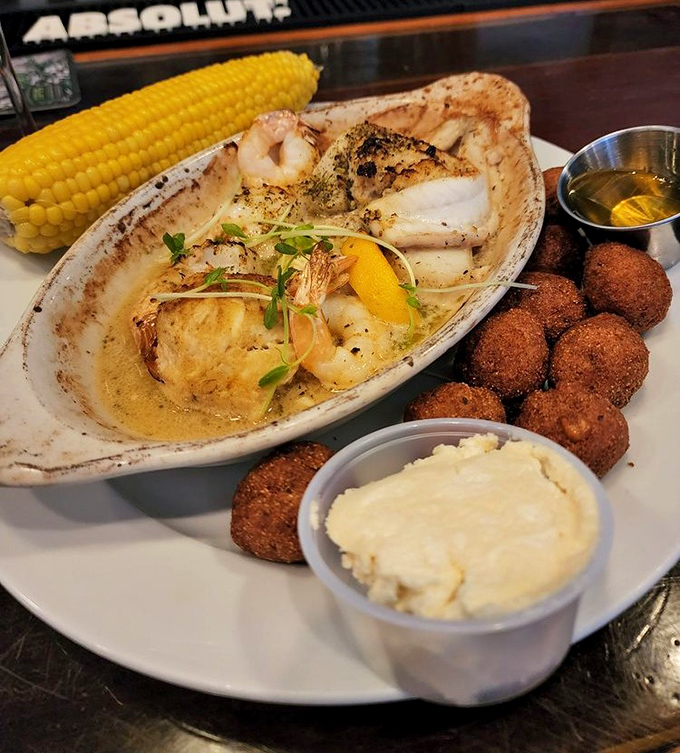 A seafood medley that brings together the ocean's finest performers. Those hush puppies are the backup singers who steal the show.