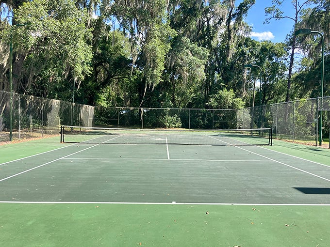 This tennis court surrounded by Spanish moss offers a uniquely Southern spin on the game &ndash; serve, volley, and watch for falling oak leaves.
