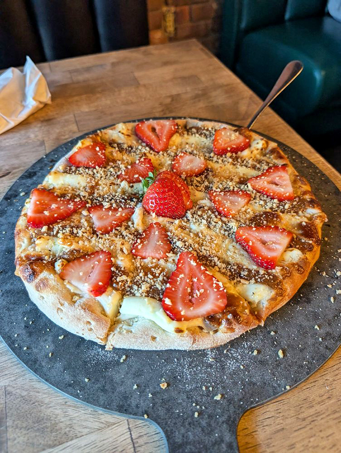 Strawberries and cream reimagined as pizza&mdash;dessert's answer to the question nobody asked but everybody needs.