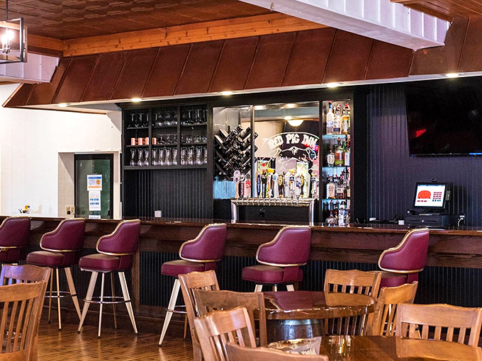 Modern bar stools meet classic wood&mdash;a perfect spot to contemplate life's important questions over craft beer selections.