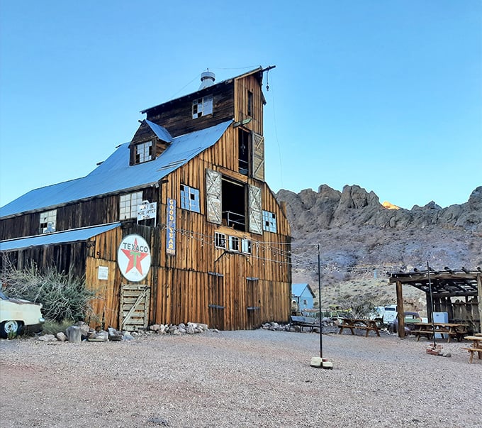 Not your typical barn raising. This weathered wooden structure with its Texaco star has outlasted the boom-and-bust cycle of Nevada mining towns.