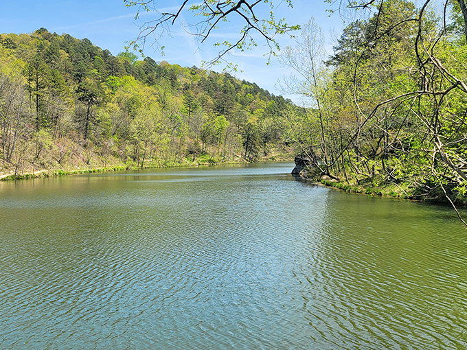 Black Bass Lake reflects the surrounding Ozark hills in its mirror-like surface, offering a tranquil retreat just minutes from downtown.