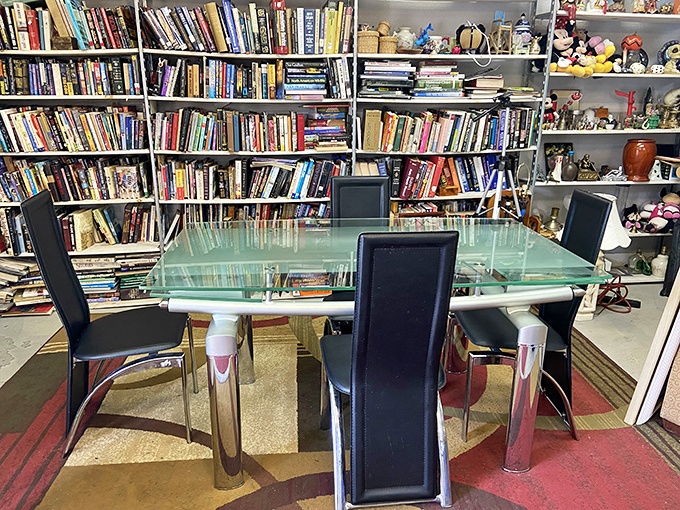 Literary heaven behind a glass table. These shelves hold forgotten bestsellers and obscure treasures waiting for their next reader.