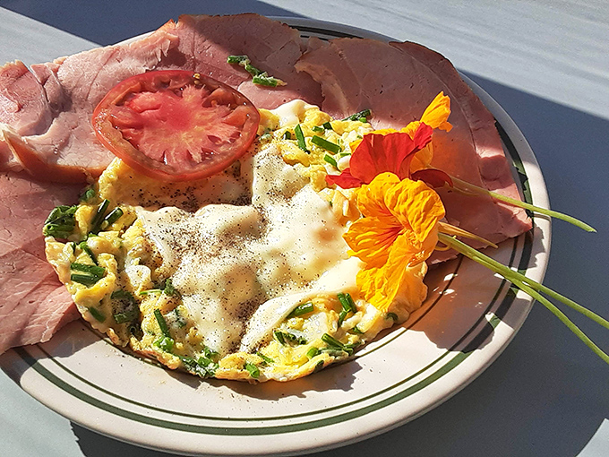 A breakfast plate that doubles as edible art. Sunny eggs nestled among ham slices with edible flowers adding unexpected elegance to this diner classic.