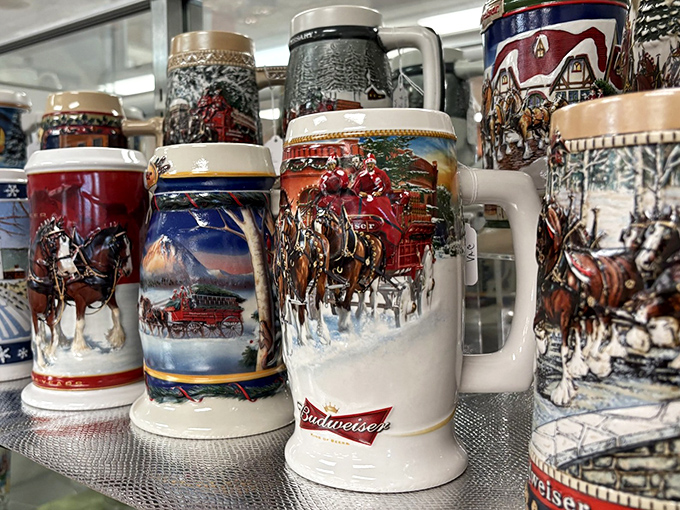 Budweiser steins parade like ceramic soldiers, each one telling tales of celebrations and sporting events.