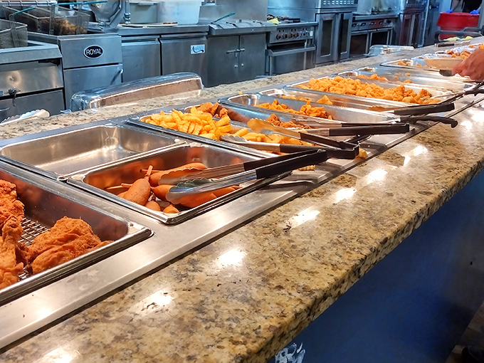 Buffet nirvana stretches before you with golden-fried treasures. This isn't just food service—it's a parade of crispy, savory possibilities.
