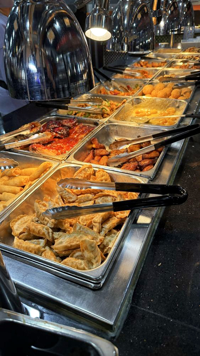 The hot buffet line showcases golden treasures under warming lights, each tray holding its own delicious story.