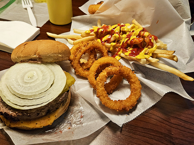 The holy trinity of Miller's&mdash;burger, onion rings, and loaded fries&mdash;is the kind of meal that makes you want to high-five strangers.