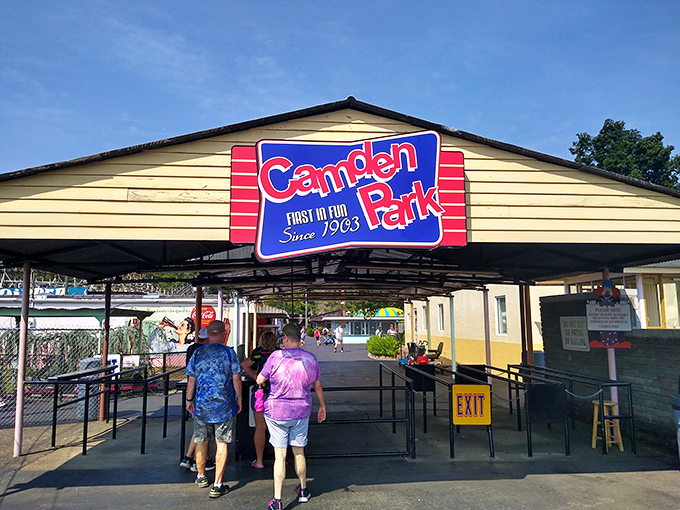 Camden Park's vintage entrance sign promises old-school amusement park thrills. "First in Fun Since 1903" isn't just marketing&mdash;it's a multigenerational memory machine.