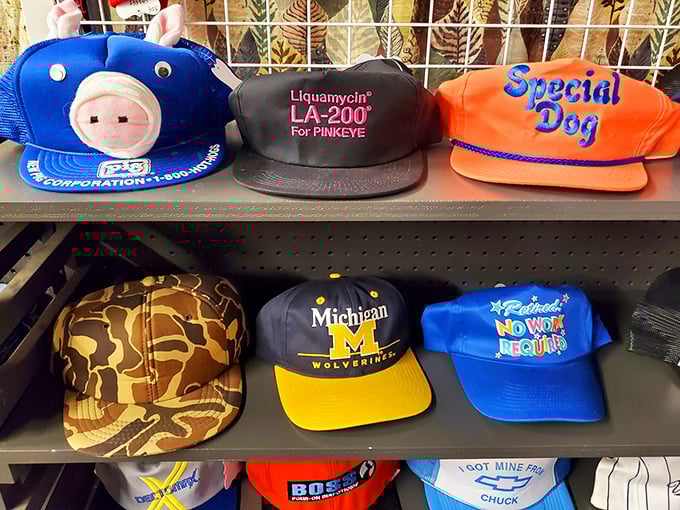 Hat heaven for the nostalgic soul &ndash; from blue pig mascots to Michigan Wolverines pride, each cap tells a story of loyalty, humor, or pharmaceutical promotion.