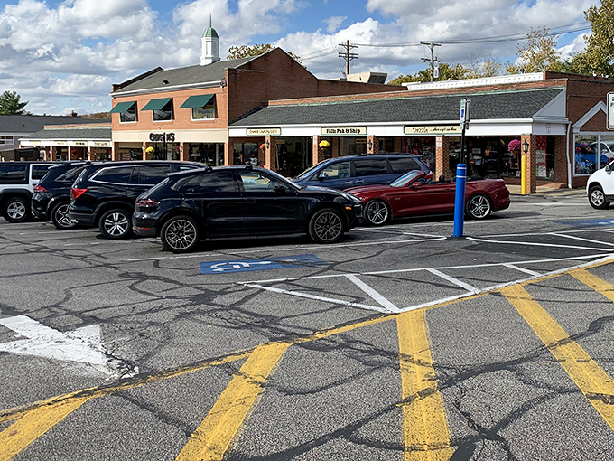 Parking lots rarely make vacation photos, but when they're surrounded by charming storefronts and anchored by a church steeple, exceptions must be made.
