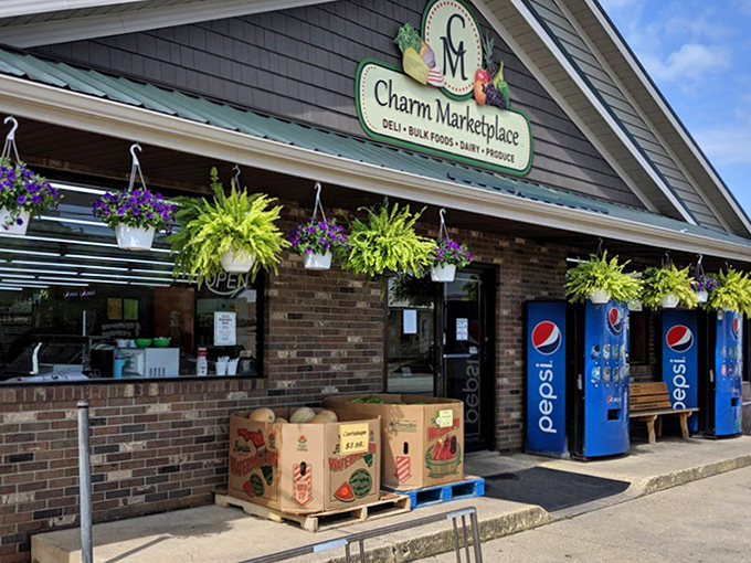 Charm Marketplace's hanging plants and produce displays offer farm-to-table before it became a restaurant buzzword. This is the original "organic" section.
