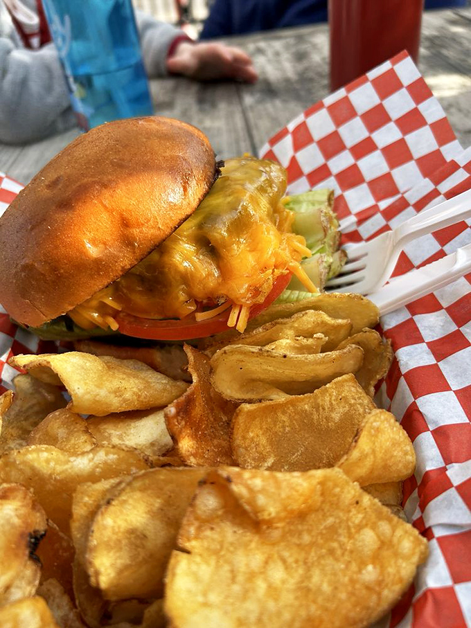 A burger that understands the importance of proper cheese-to-meat ratio, nestled alongside house-made chips that shatter with satisfying crispness with each bite.