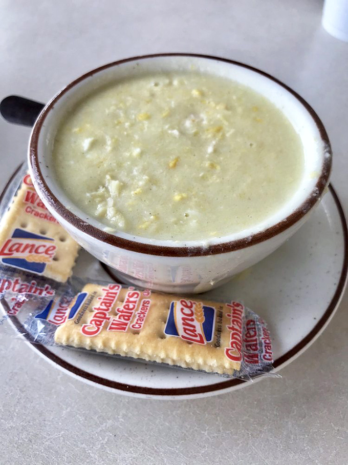Chicken corn soup so creamy it could solve diplomatic crises. Add those crackers and world peace might actually be possible.