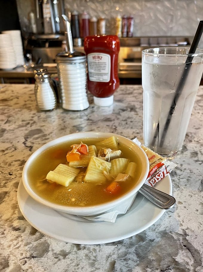 Chicken soup that's clearly made with actual chickens, not just wishful thinking. Those chunky vegetables and rich broth are penicillin for the soul.