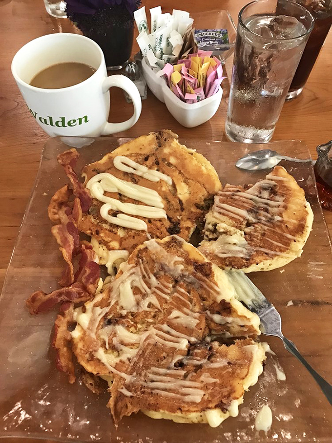 Cinnamon roll pancakes with cream cheese drizzle and bacon&mdash;because sometimes you need dessert for breakfast, and protein to justify it.