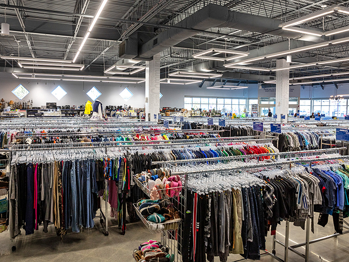 The clothing section stretches toward the horizon—a sea of fabrics, colors, and possibilities organized with surprising precision.