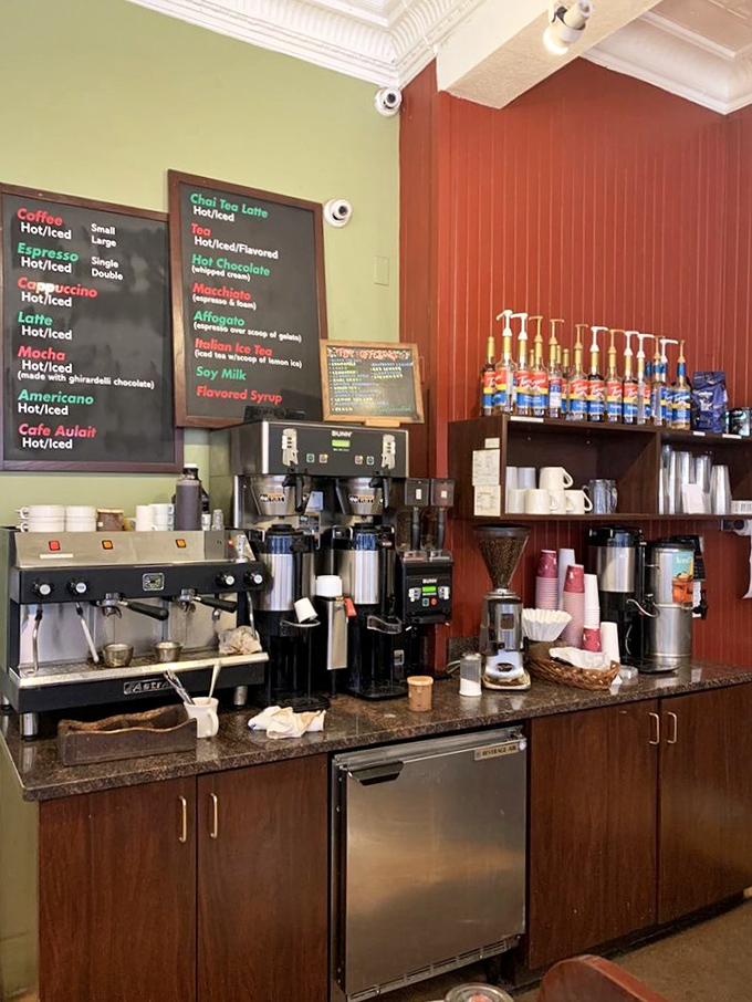 The coffee station&mdash;command central for caffeine operations, where Italian tradition meets modern efficiency in a symphony of espresso machines and flavor syrups.
