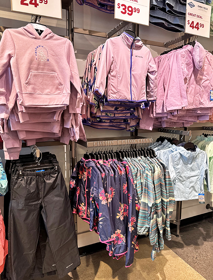 Columbia's pink paradise where Pacific Northwest practicality meets fashion in a display that whispers, "Yes, you can look cute while staying dry."