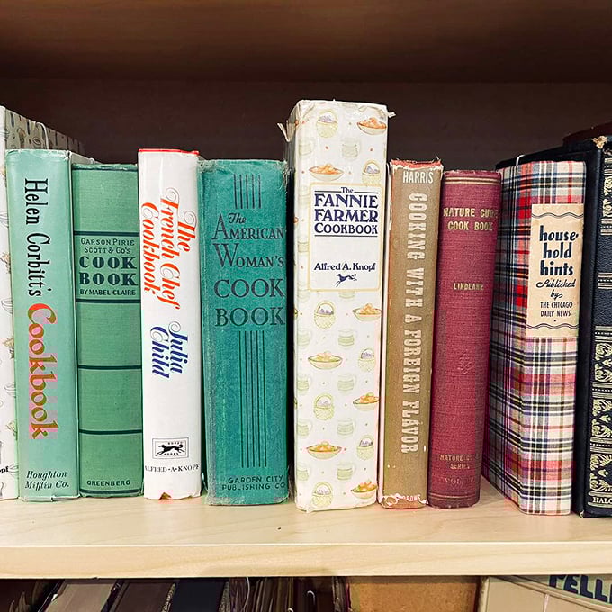 Vintage cookbooks with splatter marks of authenticity—Julia Child would approve of both the selection and the prices.