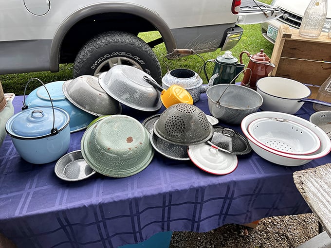 Vintage enamelware and kitchen tools that have survived decades of use, ready to bring both function and nostalgia to a new home.