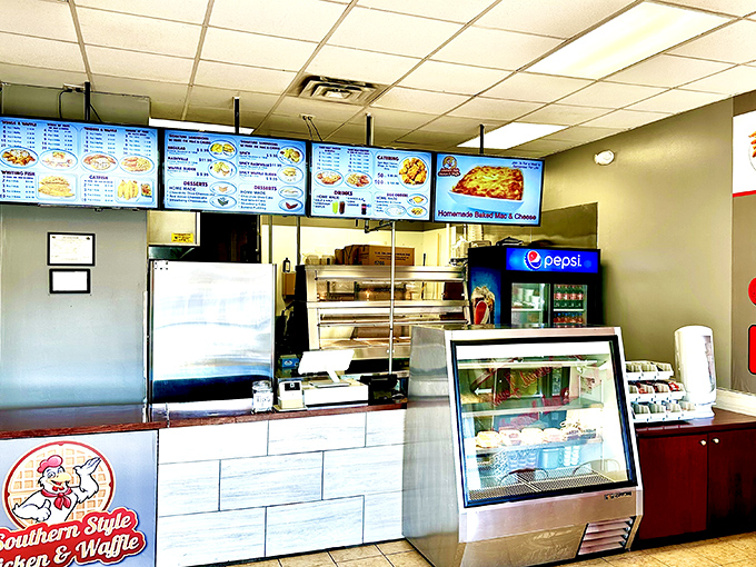 Clean lines, bright menus, and the promise of hand-breaded chicken. Fast food with slow food values.