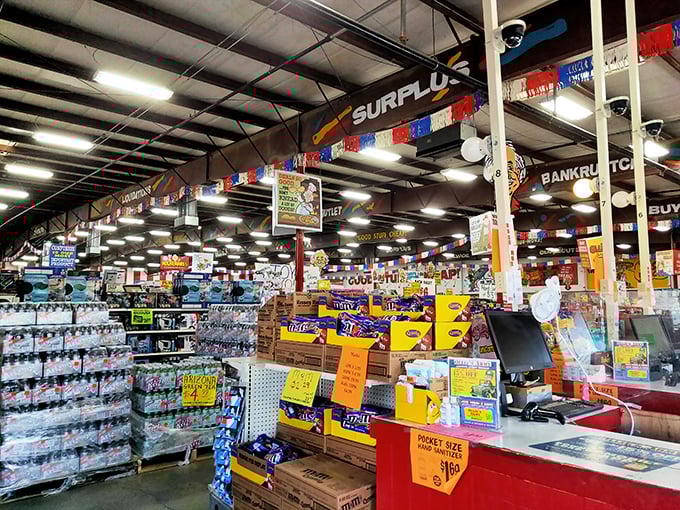 The checkout area, where colorful stacks of merchandise create a final temptation gauntlet before you escape with your wallet.