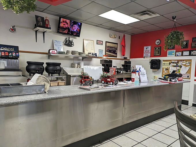 The counter where magic happens, complete with soup warmers and coffee makers. No molecular gastronomy here, just time-honored cooking techniques.