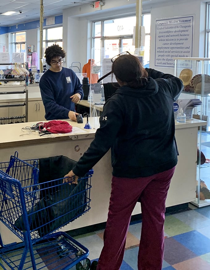 The final frontier of thrifting&mdash;the checkout counter, where friendly staff members help treasures complete their journey to new homes.