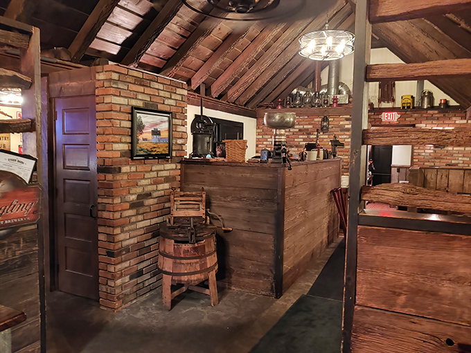 Exposed wooden beams, brick walls, and barrel accents &ndash; this isn't just restaurant design, it's a time machine to Ohio's agricultural golden age.