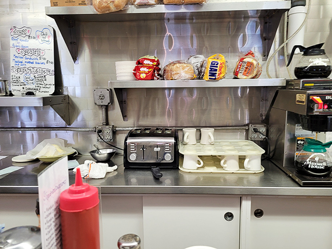 No-nonsense toasters and coffee makers standing at attention, ready for another day of honest breakfast service.