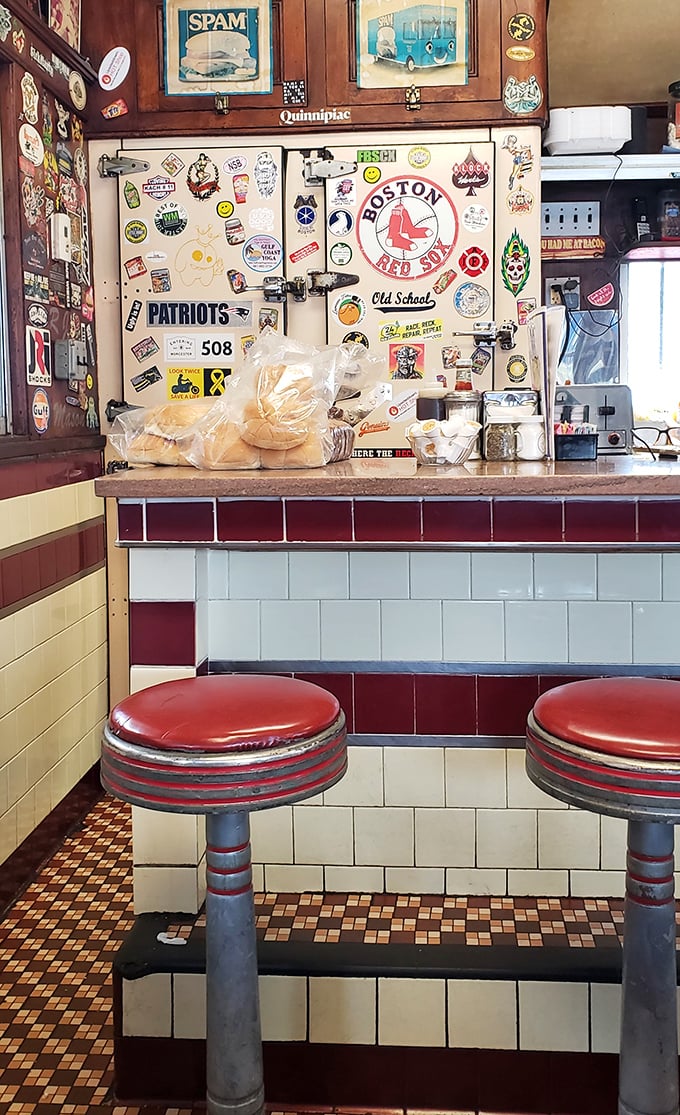 The counter seats &ndash; where diner magic truly happens. Each red vinyl stool has probably heard more Worcester stories than any local historian.