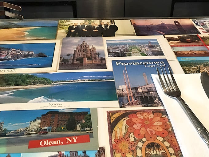 Travel the world without leaving your stool. These postcards under glass have witnessed more breakfast epiphanies than most therapists.