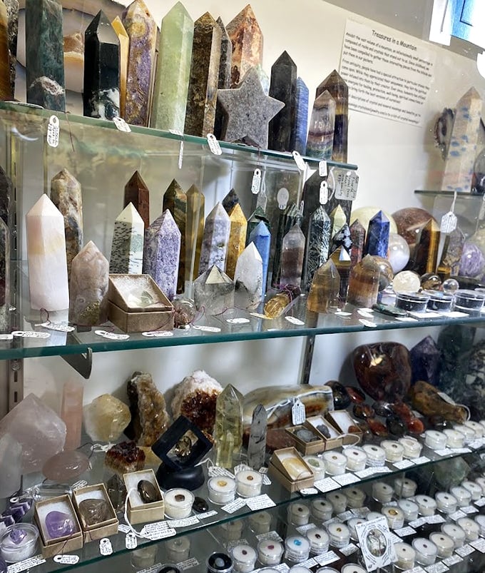 Crystal points and gemstones that would make any geology enthusiast weak at the knees. Nature's artwork, meticulously labeled and impossibly beautiful.