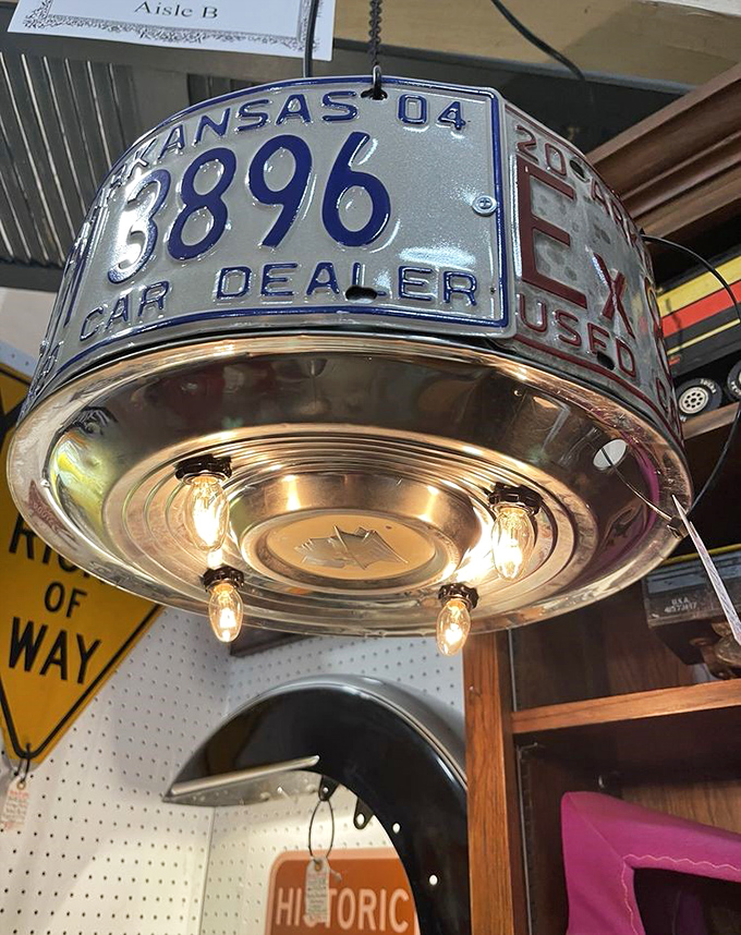 A light fixture fashioned from vintage license plates&mdash;illuminating both your room and your commitment to upcycling before it was cool.
