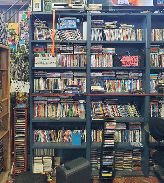Media shelves packed with forgotten films and shows&mdash;physical reminders of when "streaming" meant running to Blockbuster in the rain.