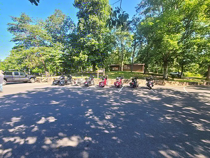 DeSoto State Park's motorcycle gathering spot – where weekend warriors pause to appreciate nature's handiwork.
